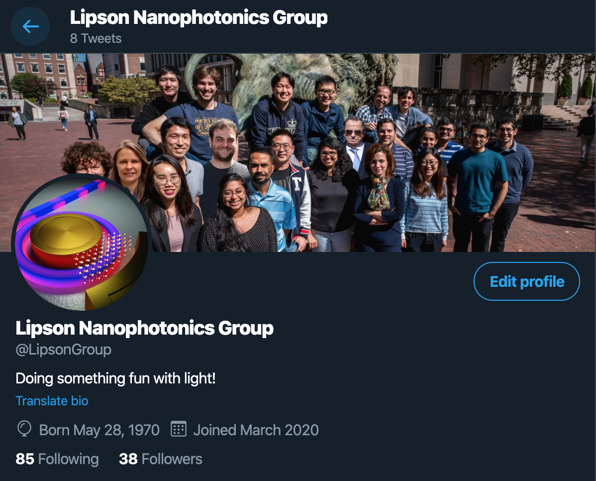 We are now on Twitter! Follow us @LipsonGroup | Lipson Nanophotonics Group
